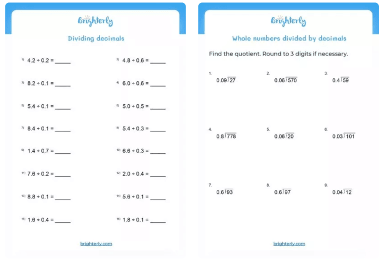 Free Printable Dividing Decimals Worksheet [PDF] Brighterly.com