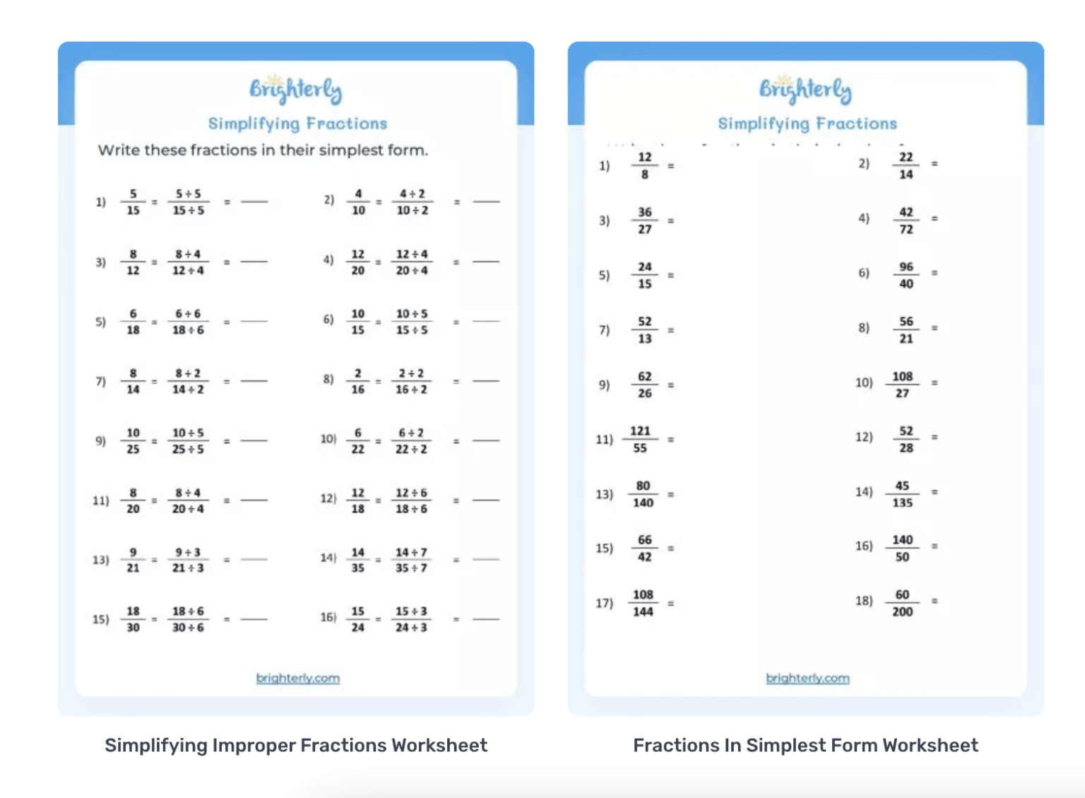 Simplifying Fractions Worksheets