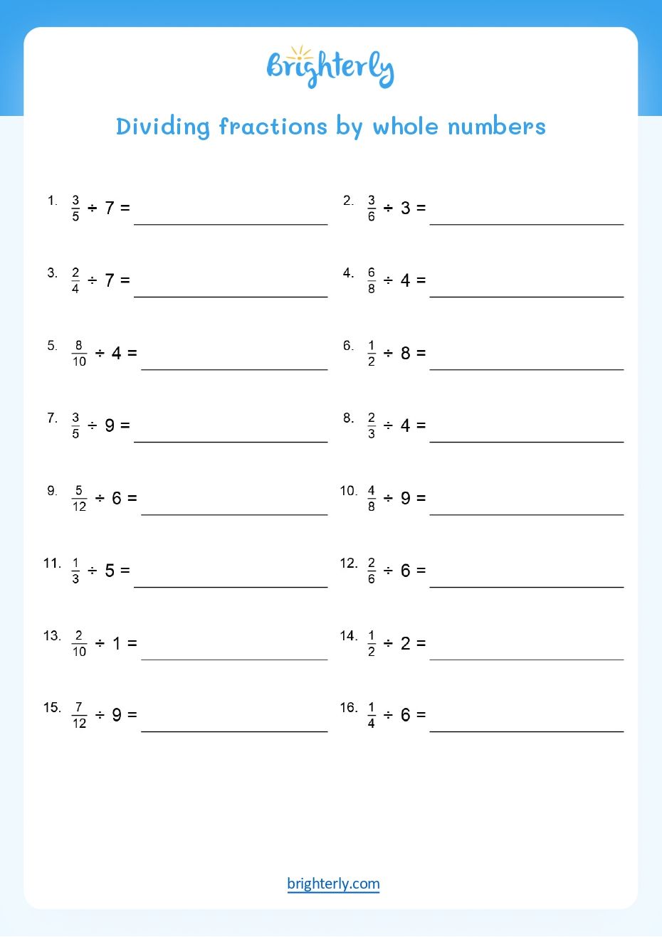 Dividing Fractions Worksheets - Free Printable Division Fraction Worksheet