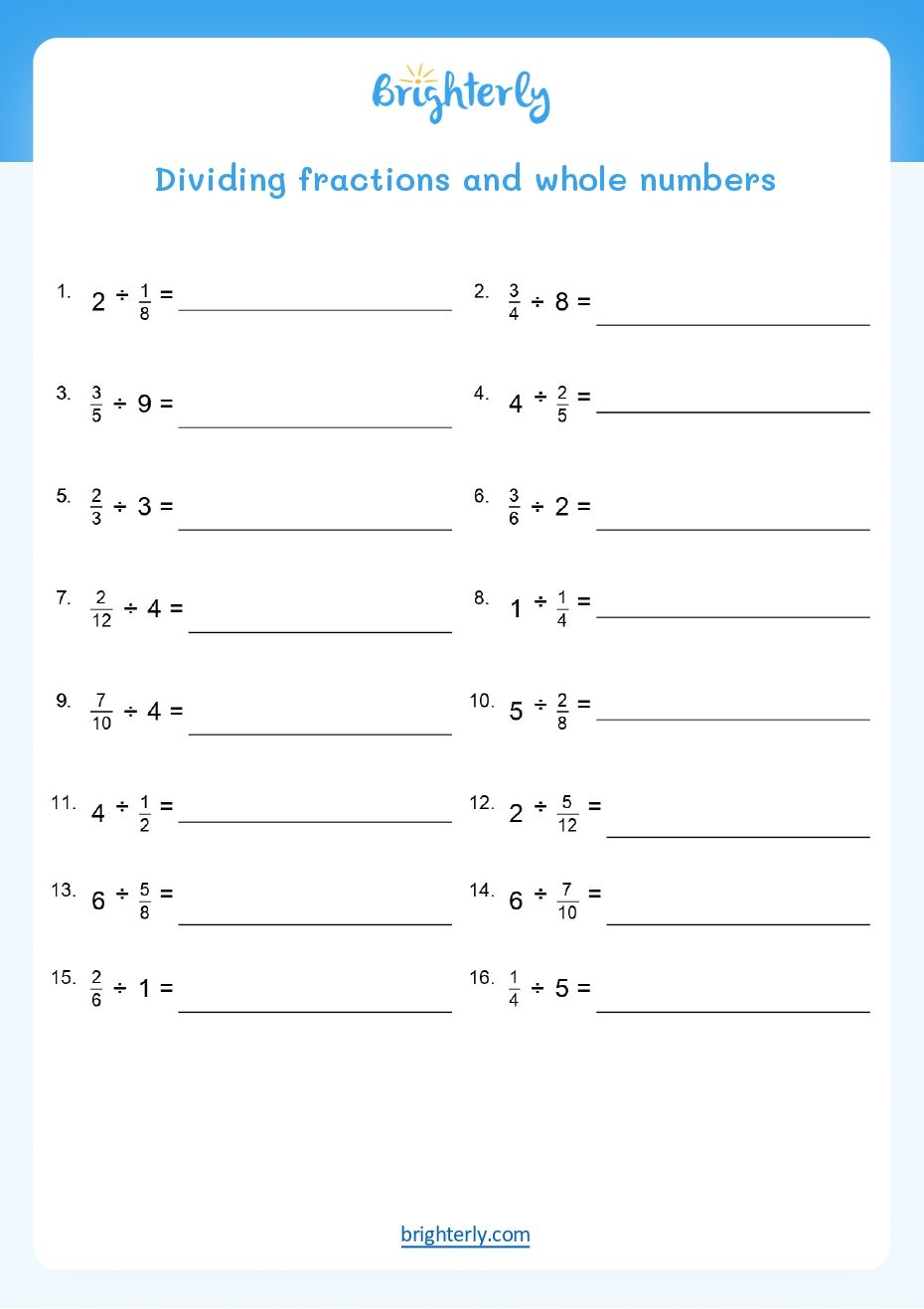 Dividing Fractions Worksheets - Free Printable Division Fraction Worksheet