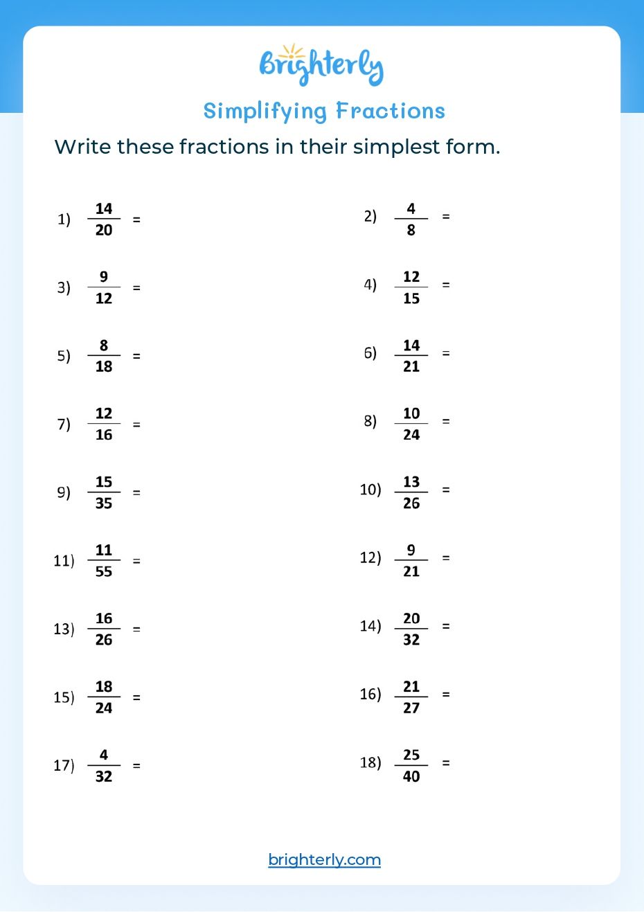Free Printable Simplifying Fractions Worksheets for Kids - Brighterly.com