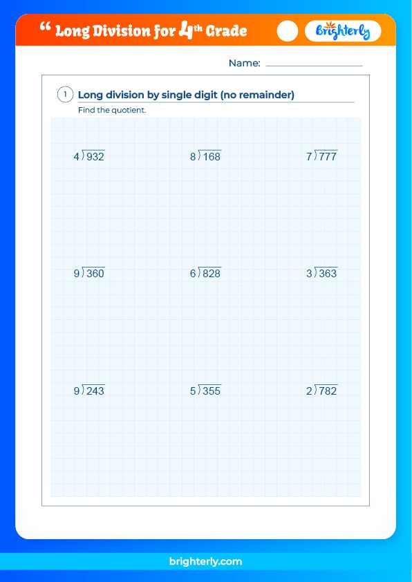 Free Long Division Worksheets for Grade 4 Kids from Brighterly’s Tutors