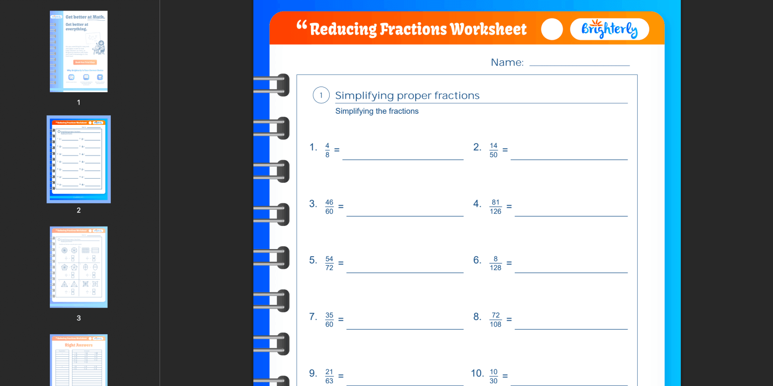 Reducing Fractions Worksheets [Free download]