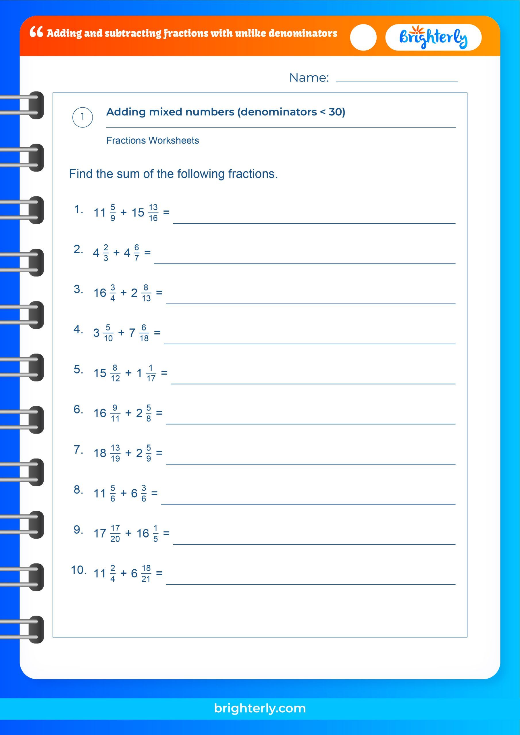 Adding And Subtracting Fractions With Unlike Denominators Worksheets Adding And Subtracting Fractions With Unlike Denominators Worksheets
