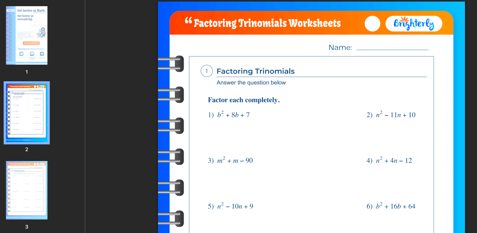 Free Printable Factoring Trinomials Worksheets [PDFs]