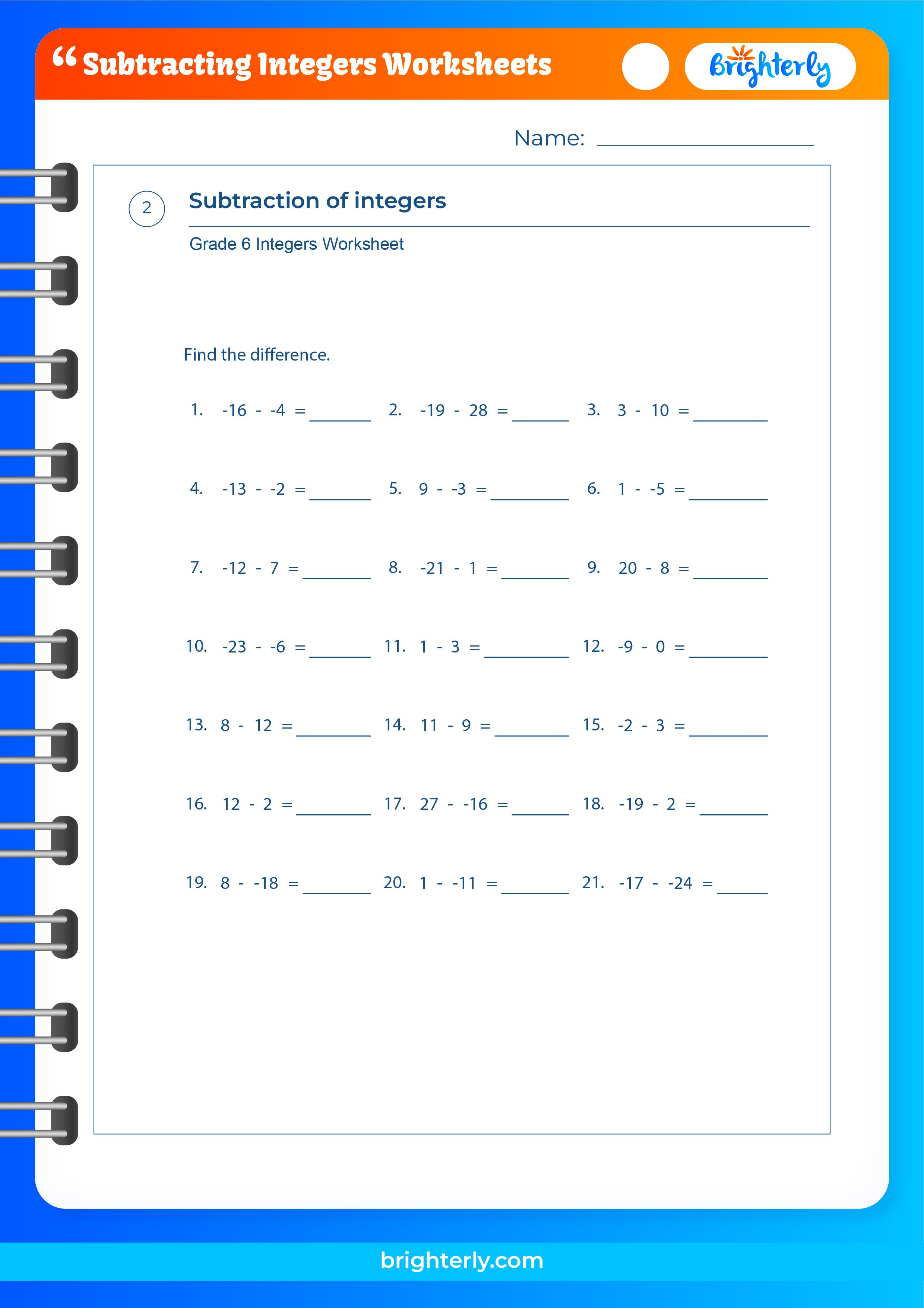 Free Printable Subtracting Integers Worksheets [PDFs] Brighterly