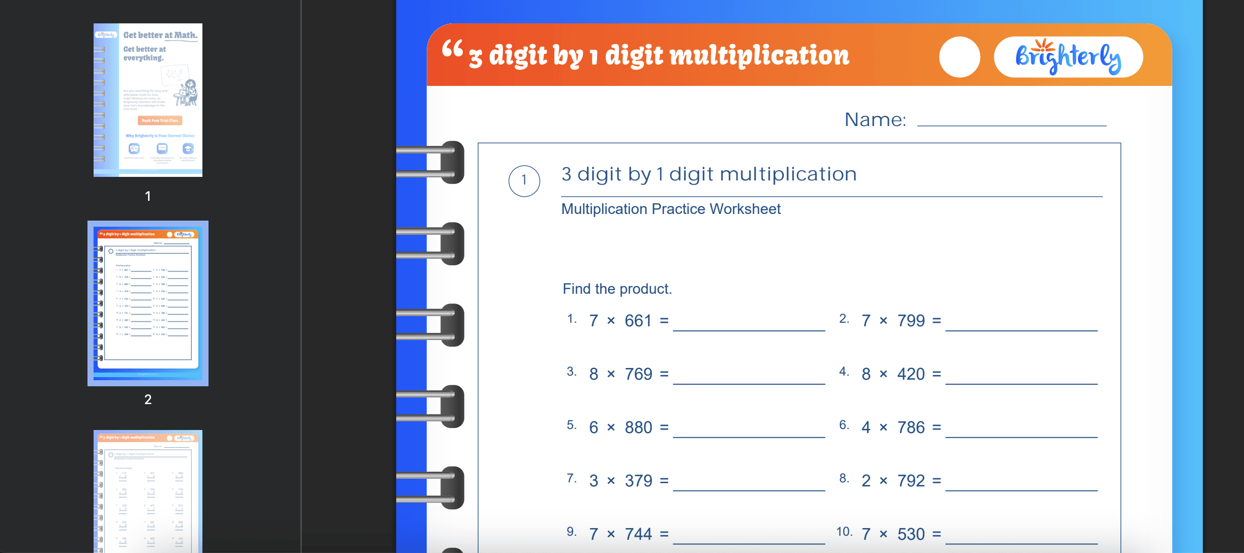 3 Digit Numbers Free Printable Multiplication Worksheets