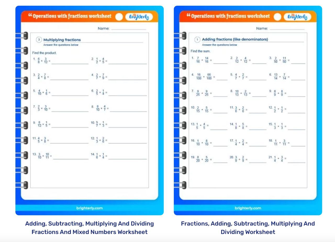 Adding, Subtracting, Multiplying And Dividing Fractions Worksheets