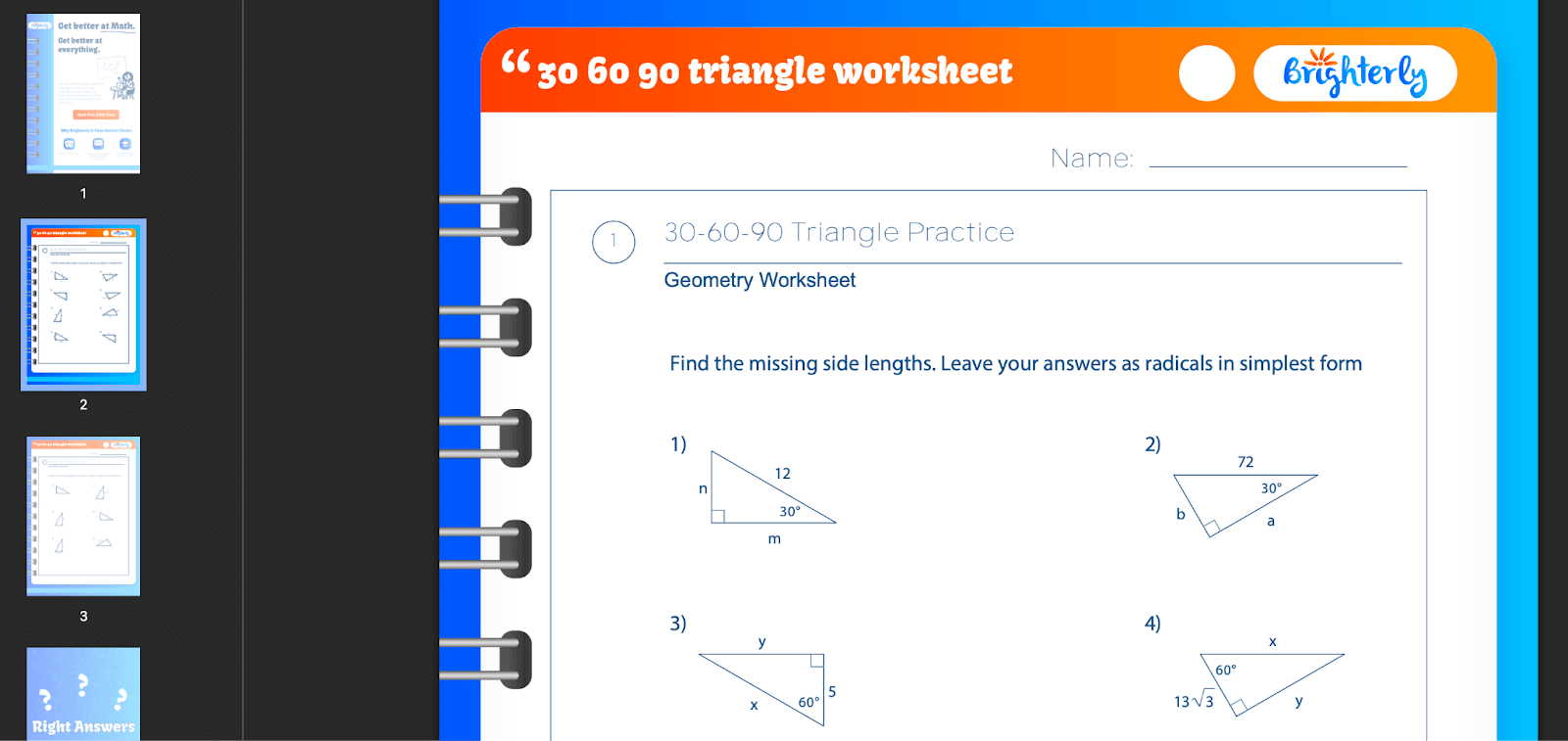 FREE Printable 30-60-90 Triangle Worksheets [PDFs] Brighterly