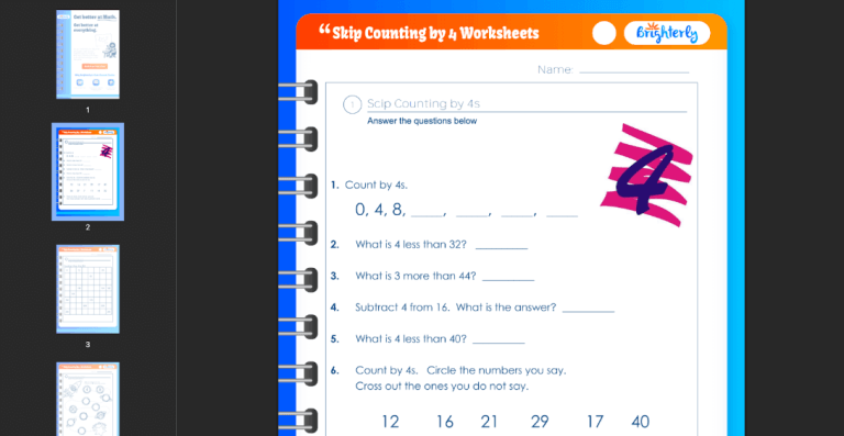 Skip Counting by 4 Worksheets