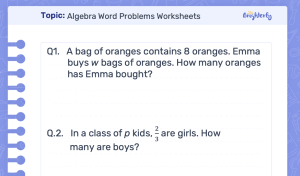 Printable algebra word problems worksheet