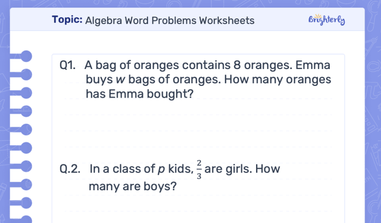Printable algebra word problems worksheet