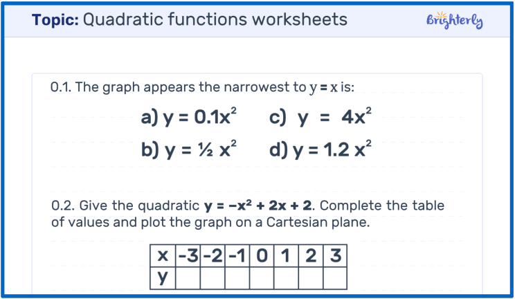 Quadratic functions worksheet [Free Printable]