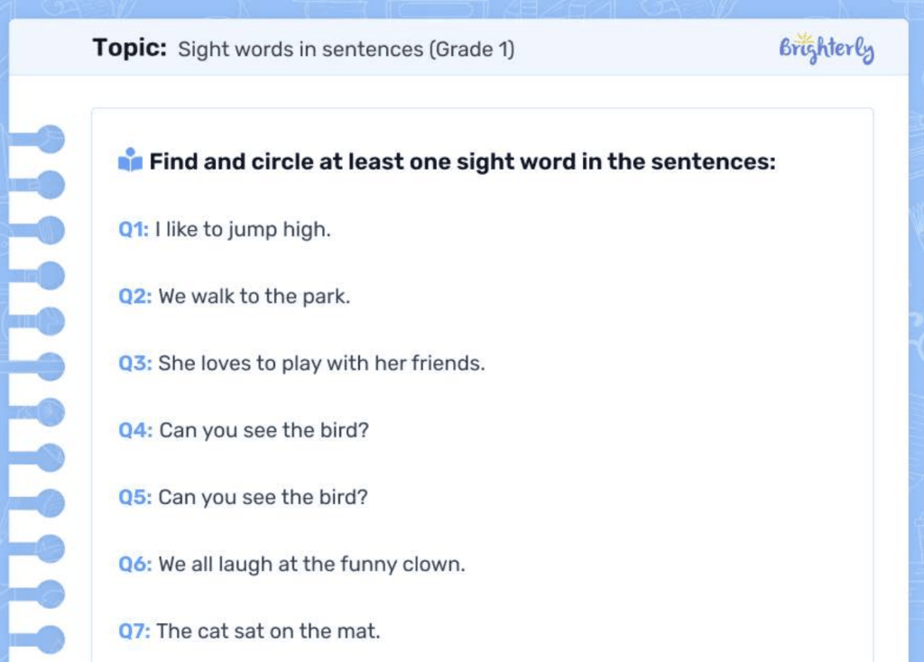 Sight Word Sentences Worksheets