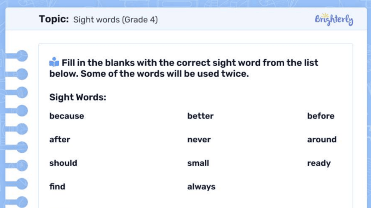 4th Grade Sight Words Worksheets