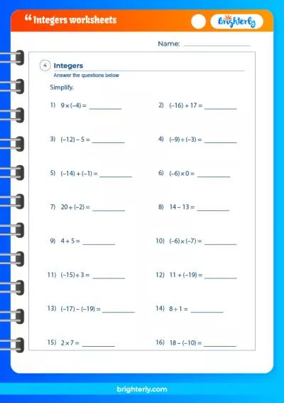 Free Printable 7th Grade Integers Worksheets [PDFs] Brighterly
