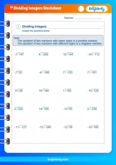 FREE Printable Dividing Integers Worksheets [PDF] Brighterly.com